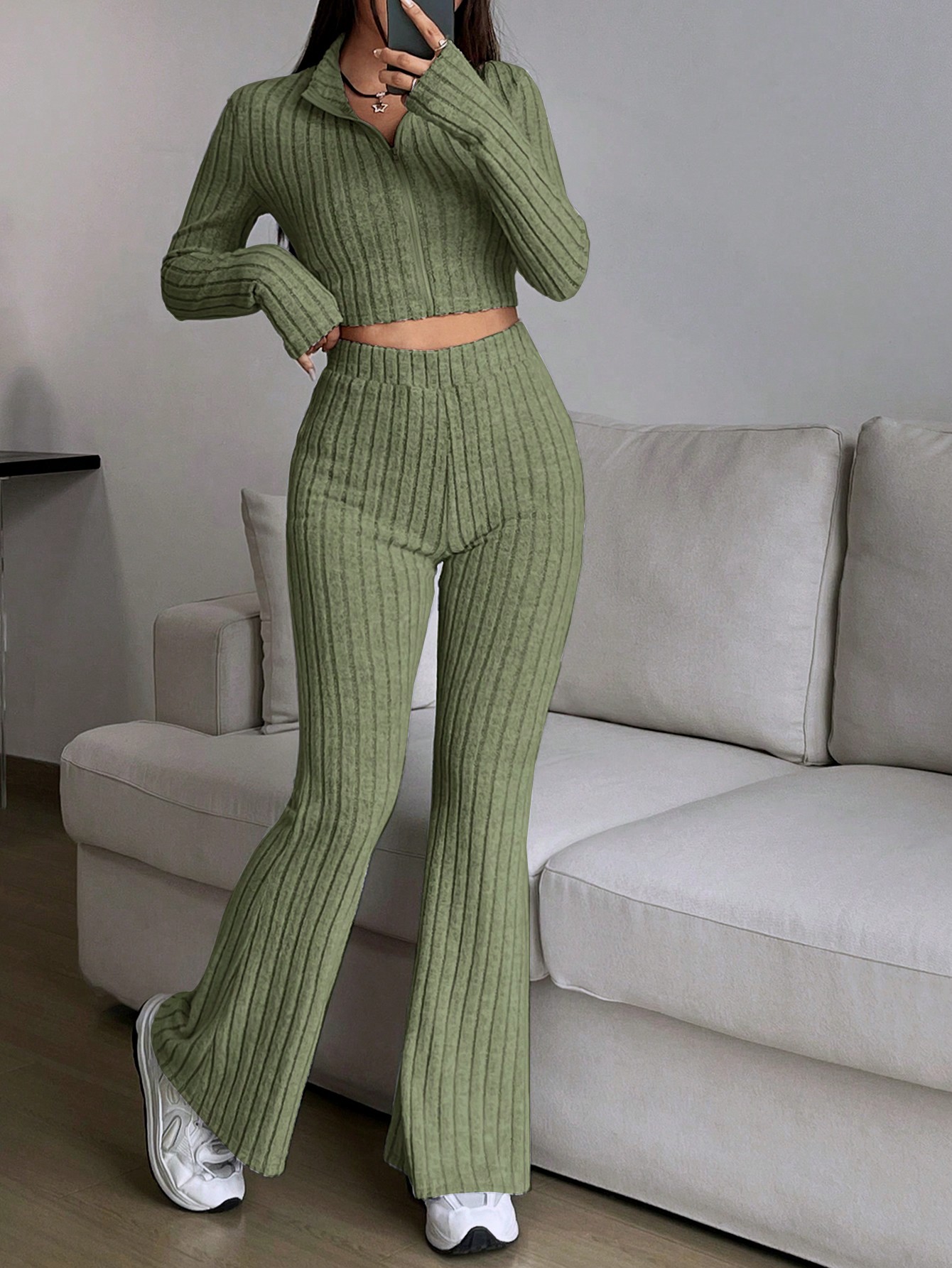 Shein Ezwear Conjunto De Camiseta De Punto Acanalado De Color Sólido Y
