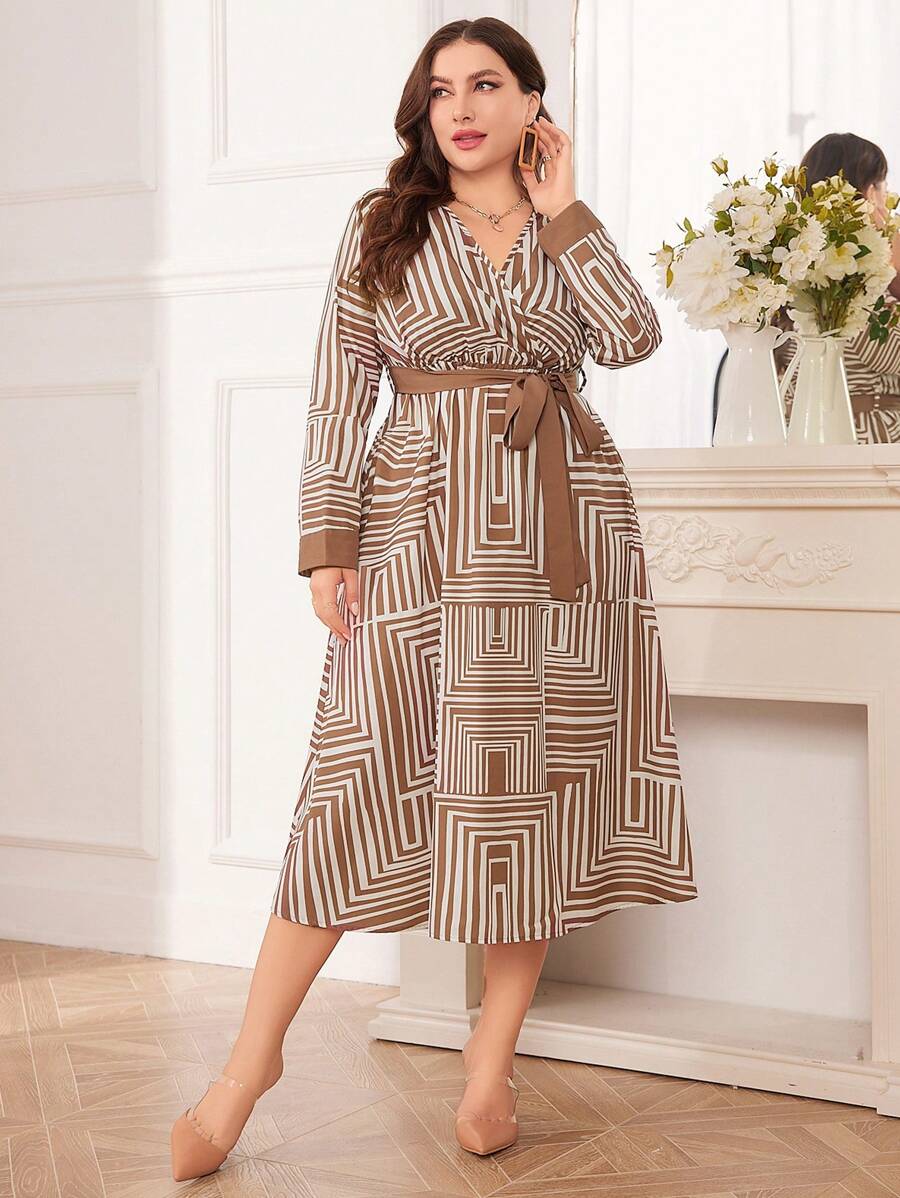 Shein Mulvari Plus Size Womens Geometric Print Belted Dress Shein Usa
