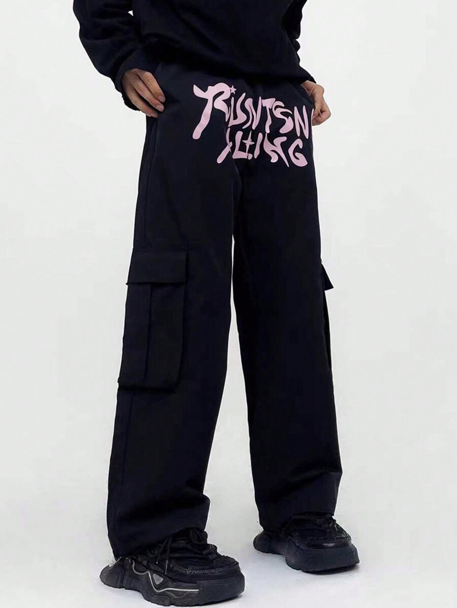 Romwe Street Life Mens Black Alphabet Printed Pants With Large Pockets