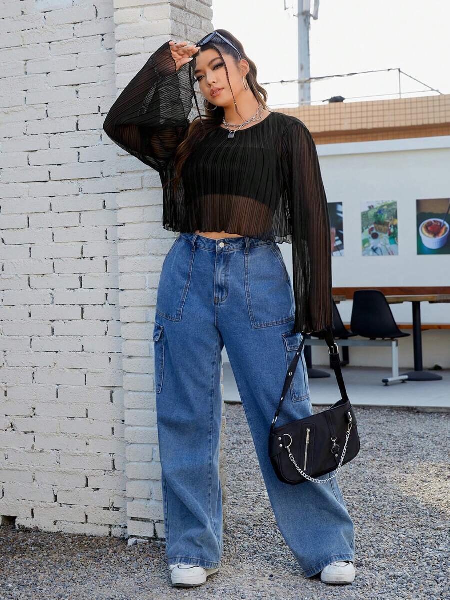 Shein Ezwear Womens Plus Size Sheer Mesh Bell Sleeve Cropped Top