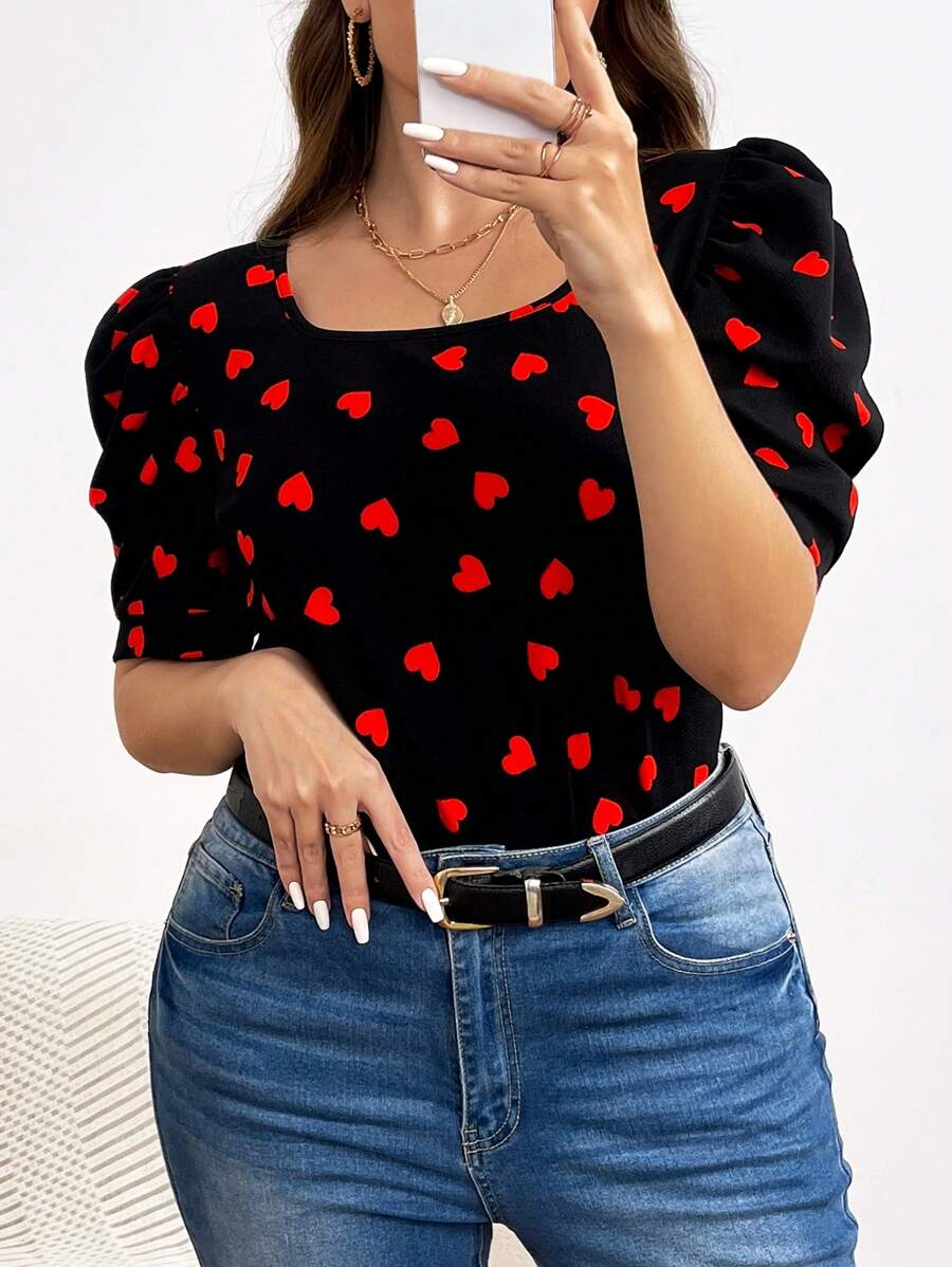 Shein Frenchy Plus Size Heart Print For Valentine Puff Sleeve Square