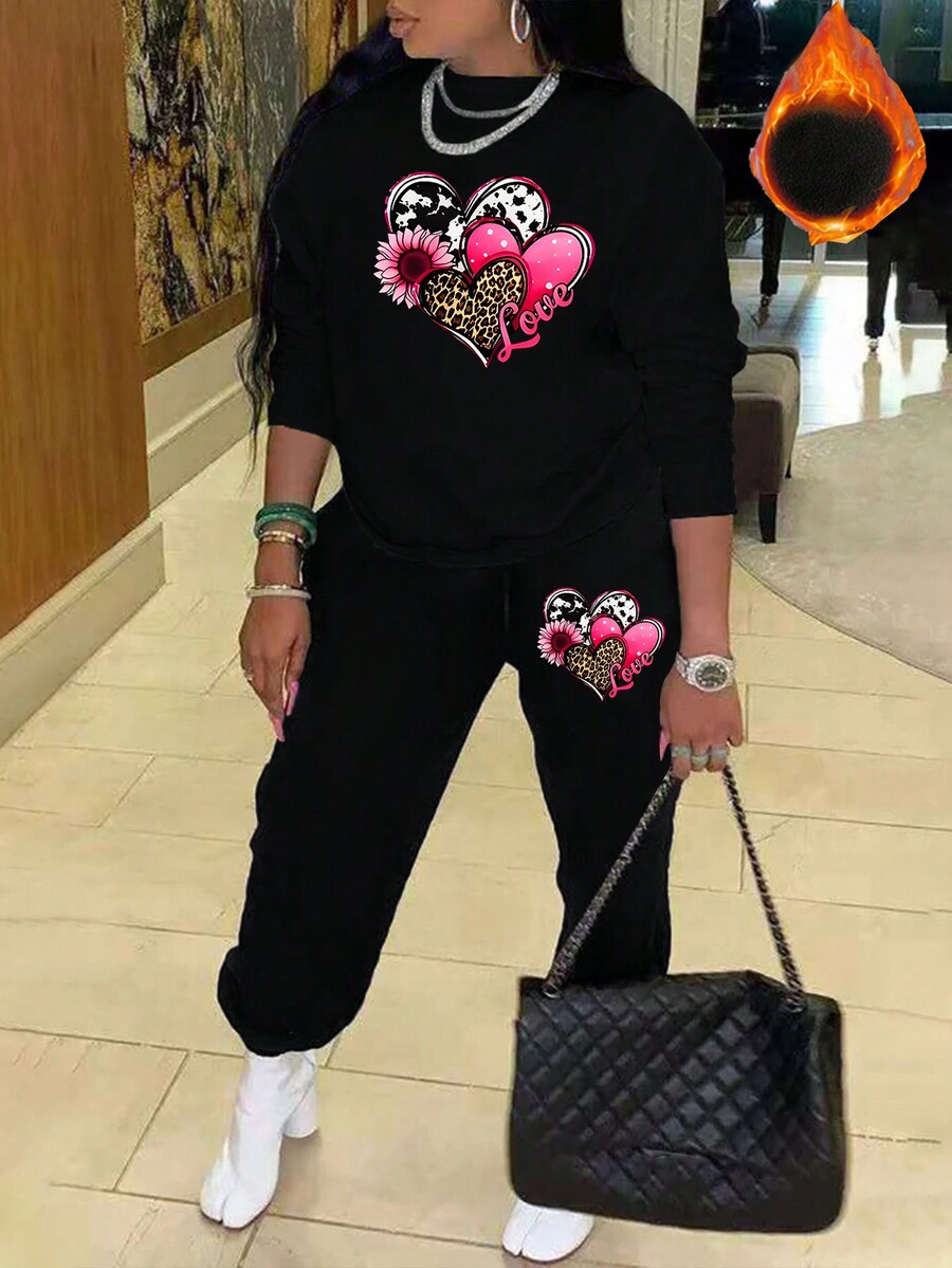 SHEIN Slayr Plus Size Women's Love Leopard Print Fleece Sweatshirt And Sweatpants Two-Piece Set ...
