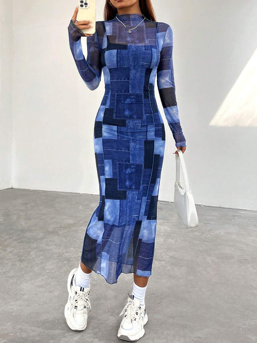 SHEIN EZwear Women's Patchwork Floral Print Slim Fit Bodycon Dress | SHEIN USA