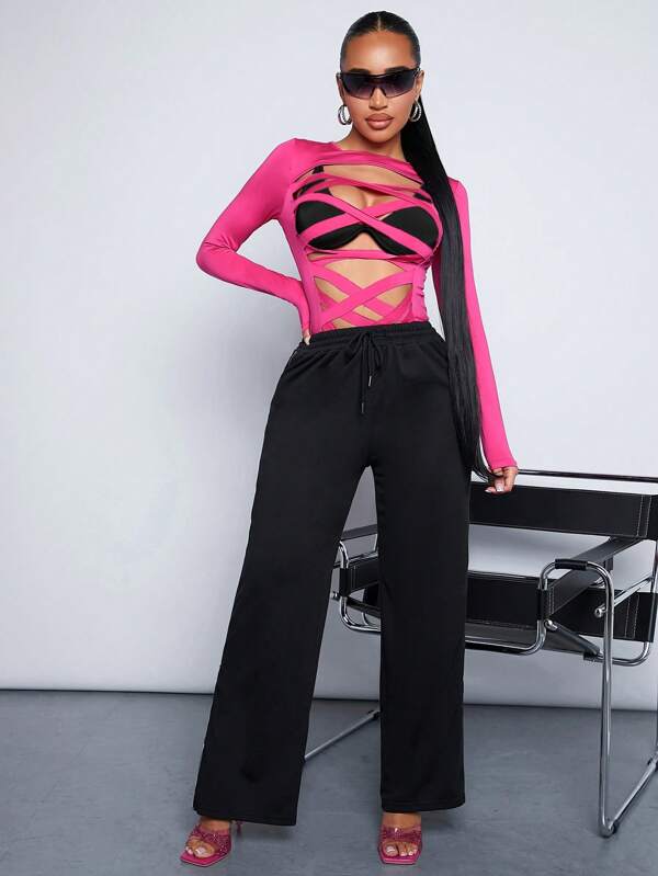 Shein Sxy 1pc Sexy Cross Design Pink Top With Hollow Out And Sheer