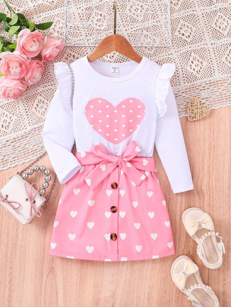 SHEIN Vestido De Niña Con Estampado De Corazones, Volante En El Bajo Y Adornos Decorativos ...