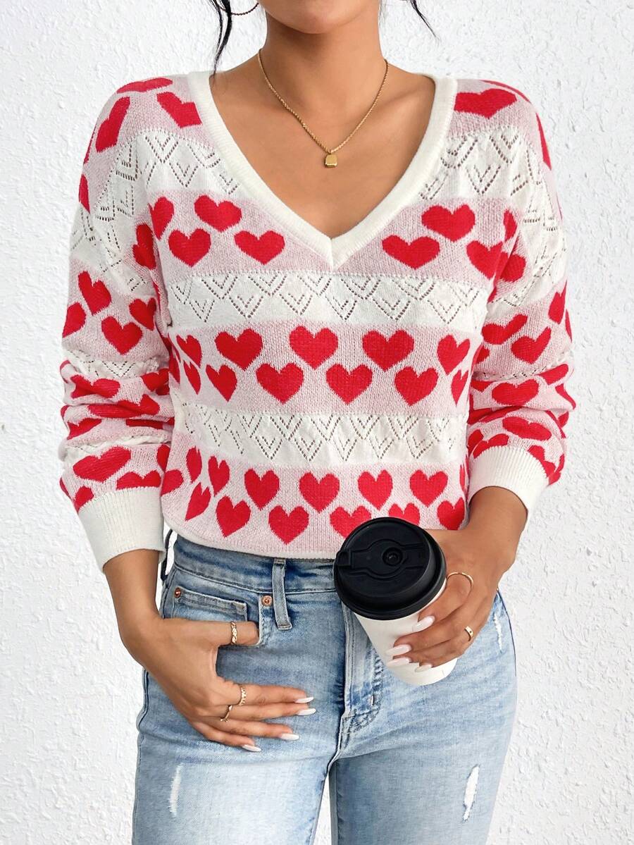 SHEIN Essnce Pullover Mit Herzmuster Und V-ausschnitt Design | aktuelle Trends, günstig kaufen ...