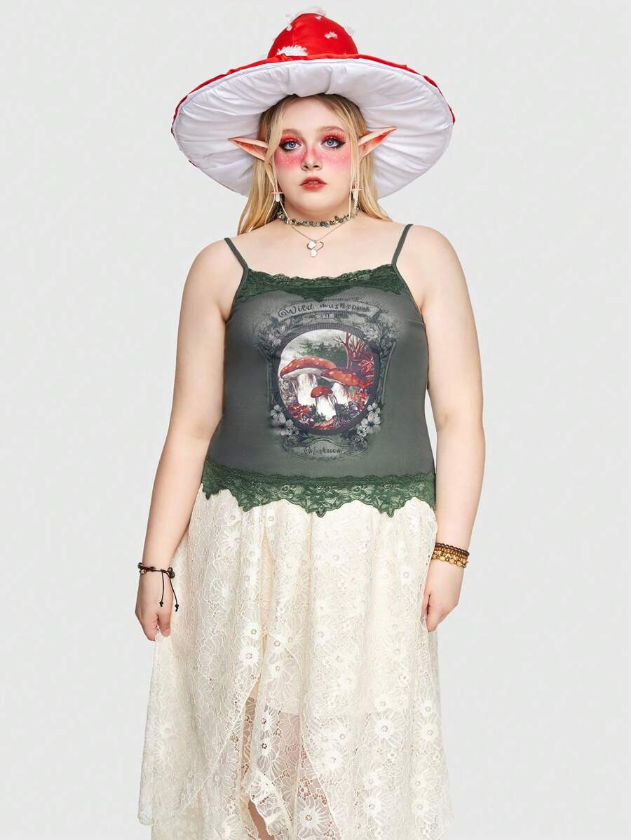 Romwe Fairycore Plus Size Womens Mushroom Printed Lace Slim Fit