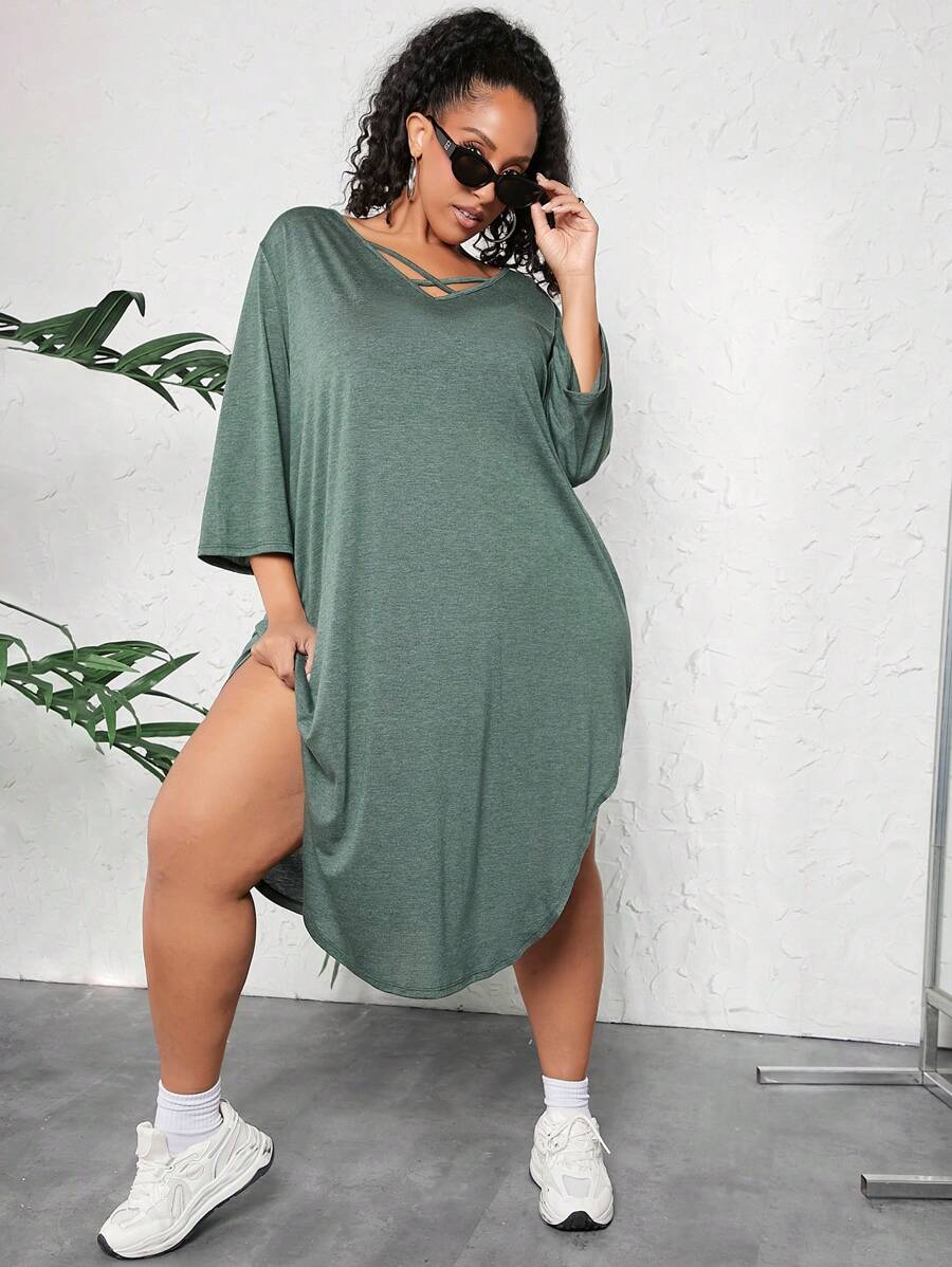 Shein Curve Plus Size Solid Color Cross V Neck Dress Shein Eur