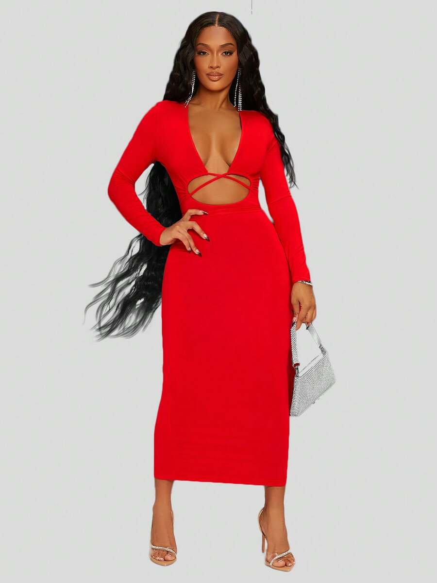 Shein Sxy Plunging Neck Cut Out Criss Cross Tie Back Dress Shein Usa