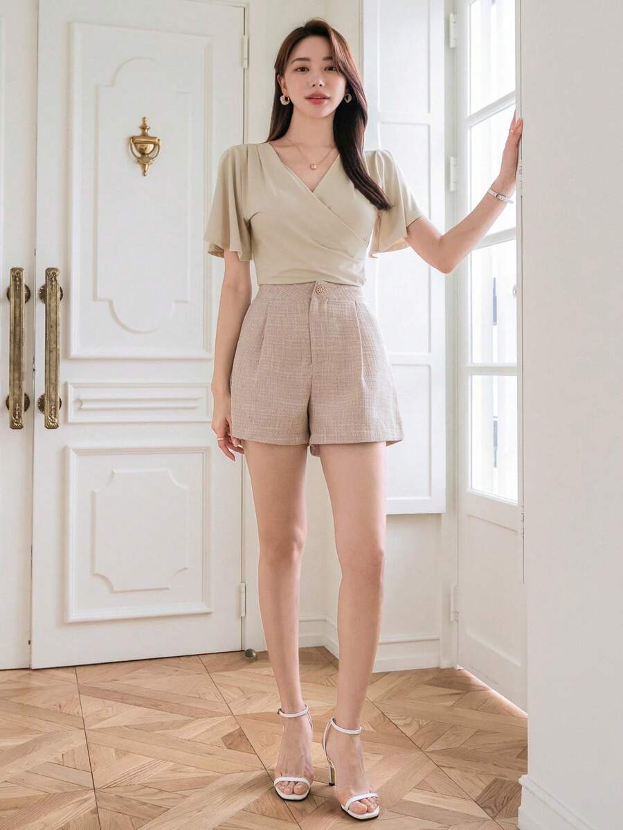 DAZY Camiseta De Manga Curta Com Decote Em V E Frente Transpassada | SHEIN Brasil