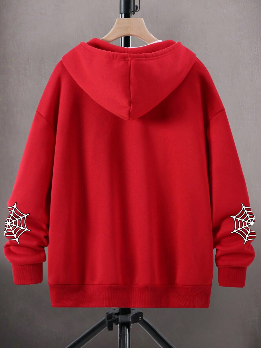 Manfinity EMRG Loose Fit Spider Web Print Zipper Front Thermal Lined Hoodie With Drawstring, No ...