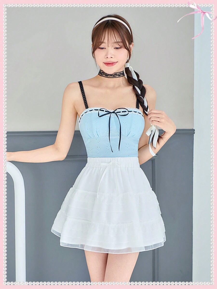 Sheinneu Coquette Summer Cami Top Balletcore Bow Kawaii Contrast Lace