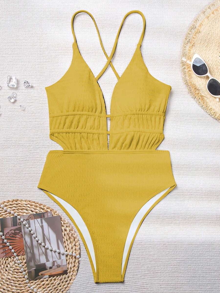 Shein Swim Vcay ชุดว่ายน้ำ วันพีซ ผู้หญิง สีพื้น โชว์หลัง พร้อม สาย