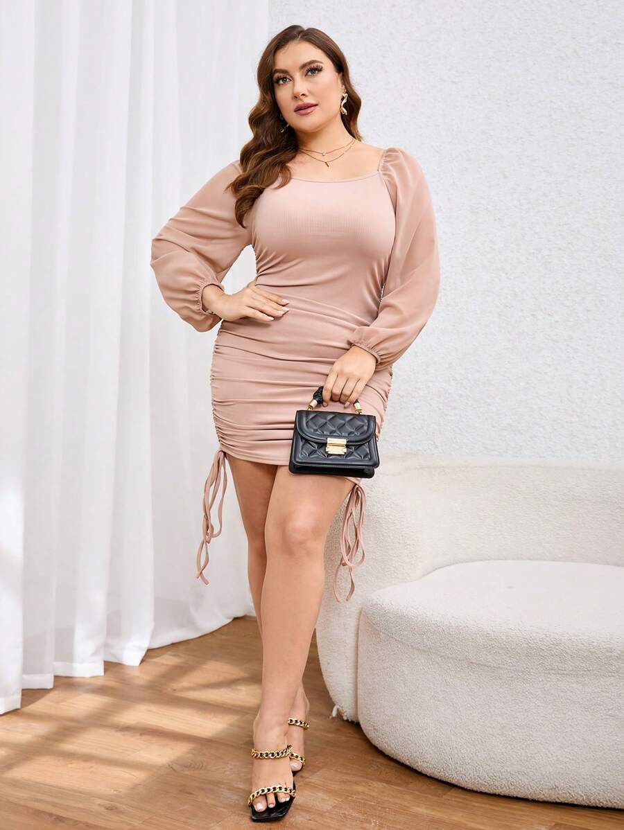 Shein Privé Plus Size Elegant Drawstring Side Pleated Patchwork Dress
