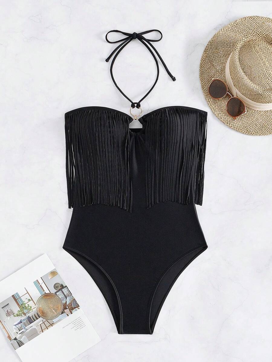 SHEIN Swim Chicsea Ladies' One-Piece Swimsuit With Fringed Decoration And Halter Neck Design ...