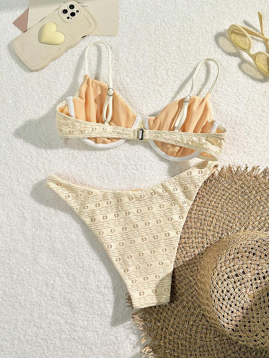 SHEIN Swim Ladies' Solid Color Hollow Out Embroidery Swimwear Set, Underwire Bikini Set Bathing ...