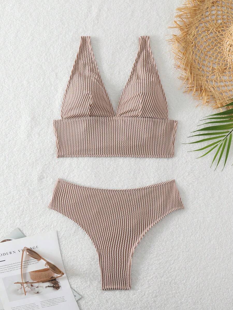 SHEIN Swim Women's Solid Color Textured Tie Back Bra And Criss Cross Swim Bottom Tankini Set ...