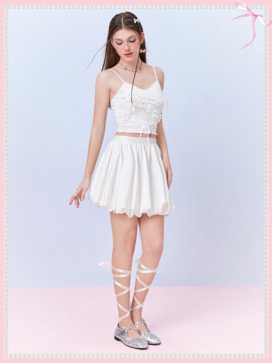 Sheinneu Coquette Summer Balletcore Ribbon Bow Ruffle Cami Topandskirt
