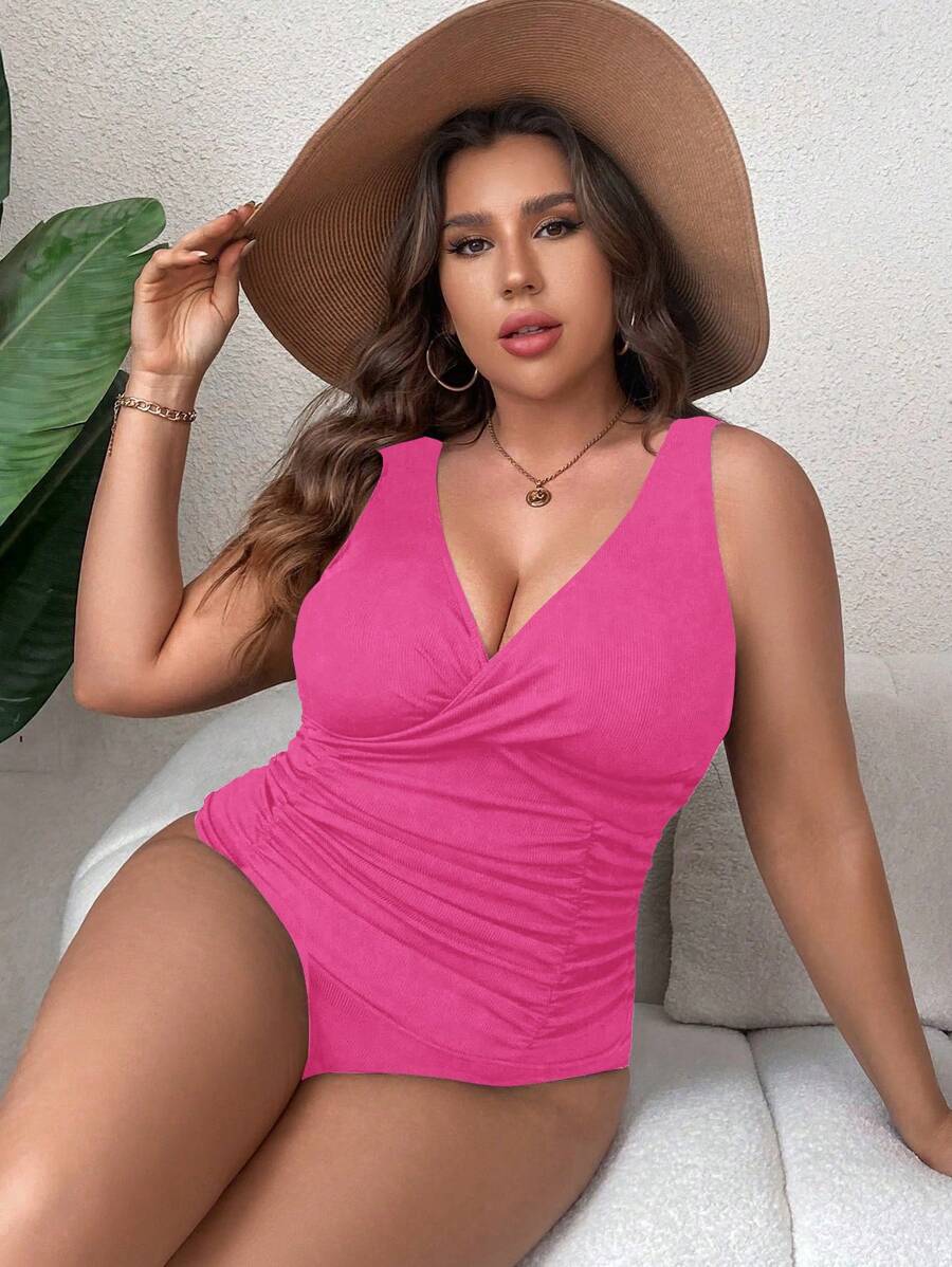 SHEIN Swim Curve Summer Beach Plus Size Solid Color V-Neck Ruched One Piece Swimsuit, Tummy ...