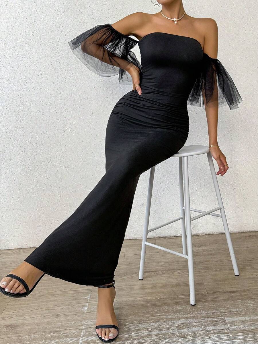 Shein Privé Womens Off Shoulder Sheer Mesh Ruffle Sleeve Bodycon Dress