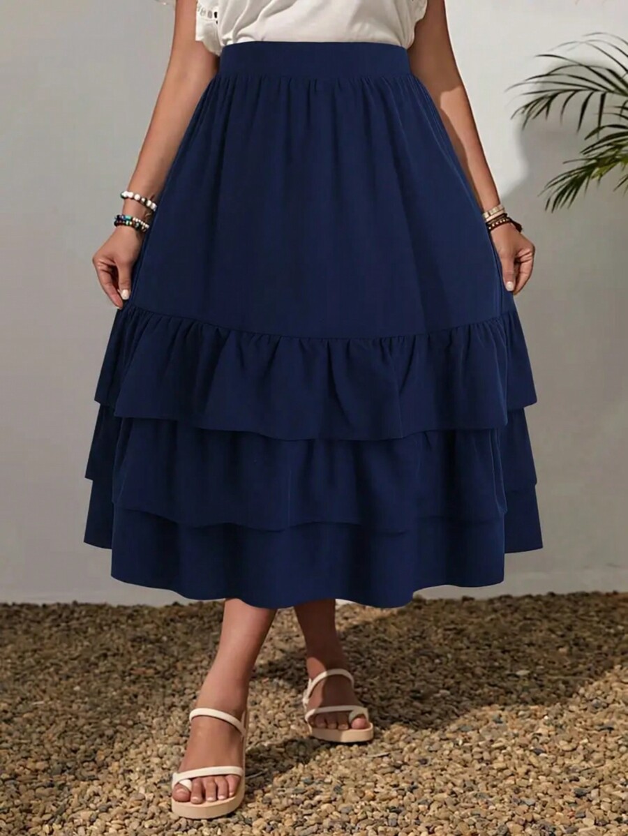 Saia com Babados em Camadas e Borda com Babados para Mulheres Plus Size, Cor Sólida | SHEIN PT