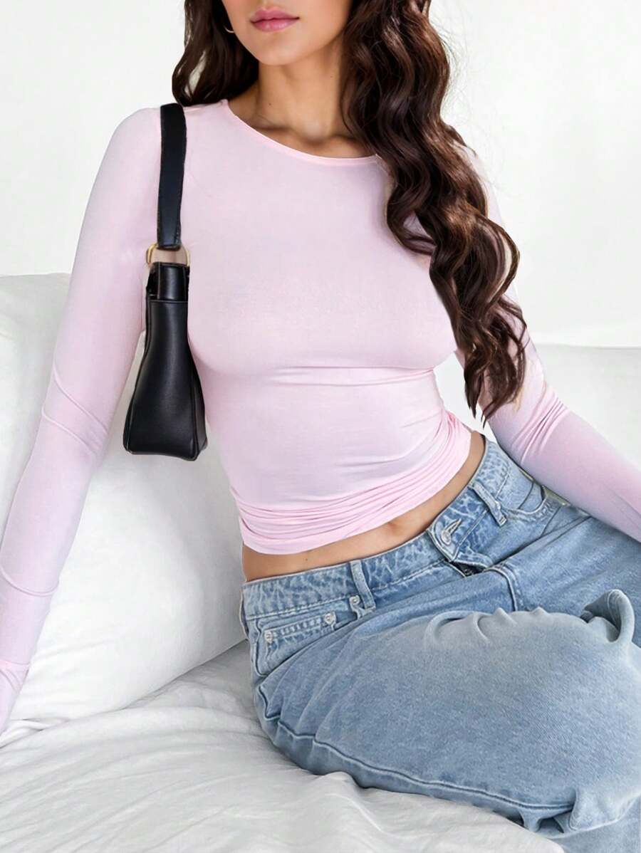 Solid Ruched Side Crop Tee | SHEIN UK