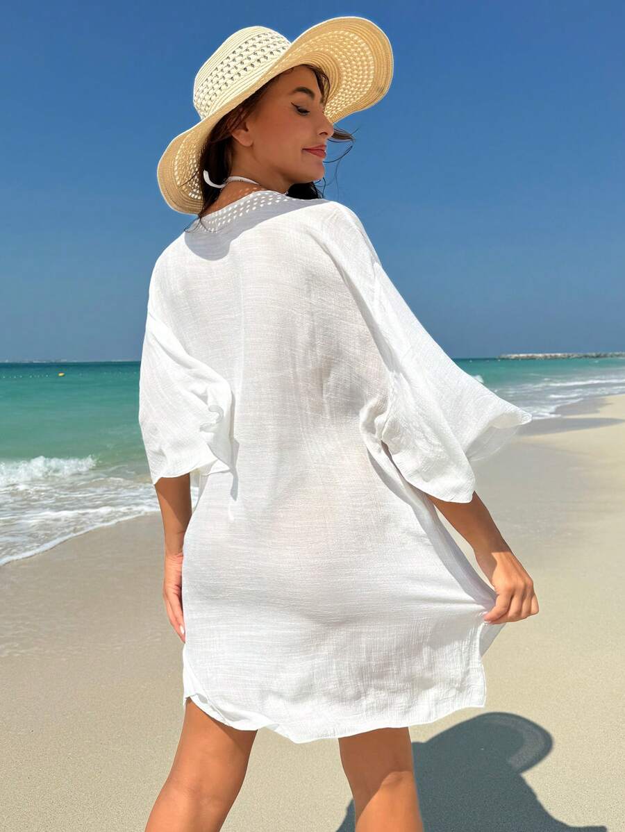 Loose Fit Openwork Crochet V Neck Cover Up Dress With Side Slits For