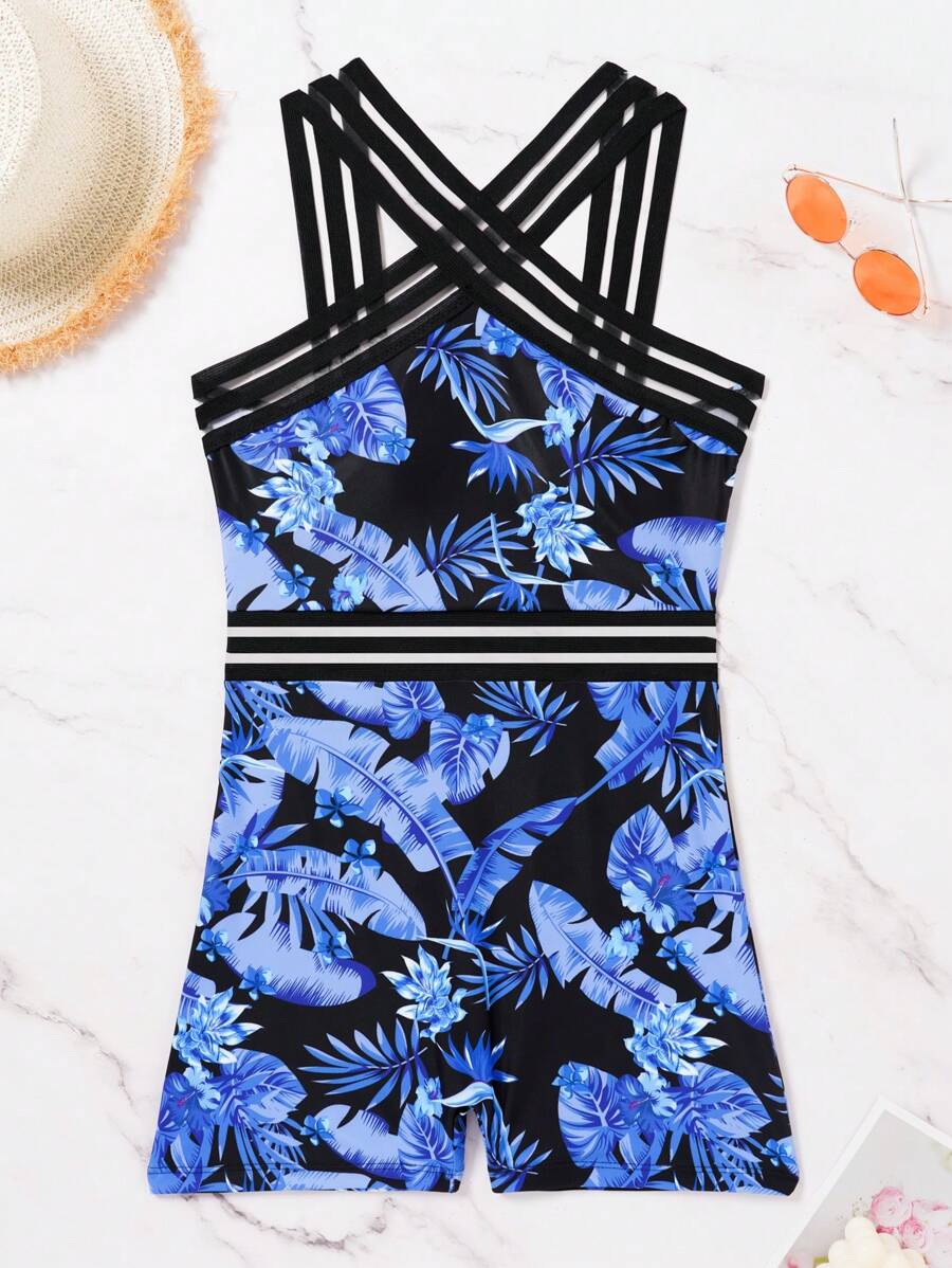 Shein Swim Ladies Tropical Plant Print Halter One Piece Swimsuit For