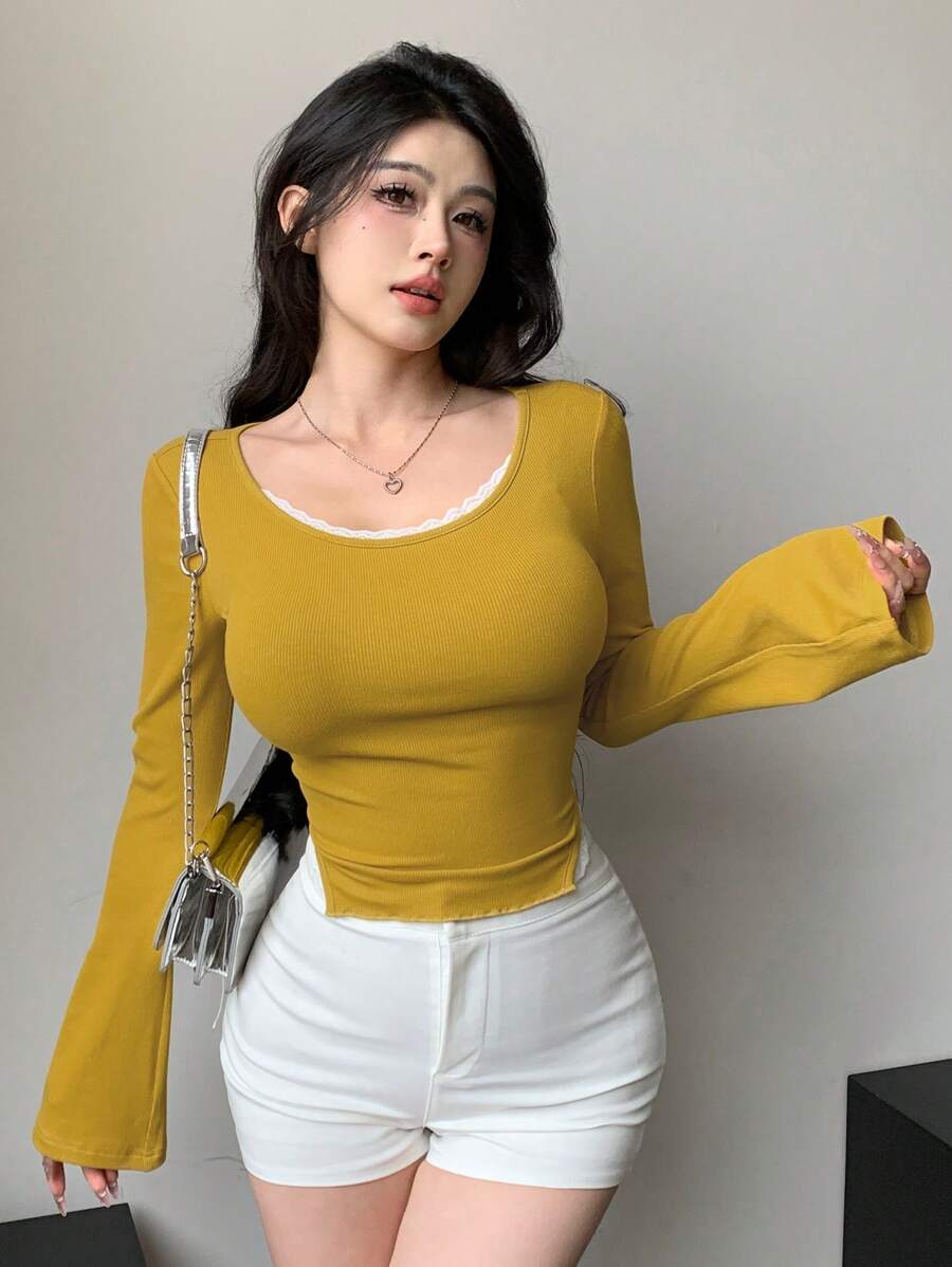 DAZY Women's Lace Patchwork Flare Sleeve T-Shirt | SHEIN UK