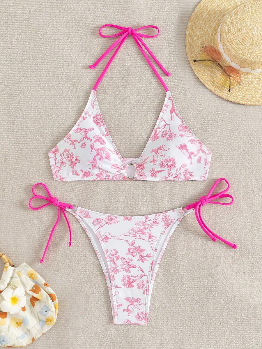 Shein Swim Conjunto De Bikini Con Estampado Floral Top De Cuello