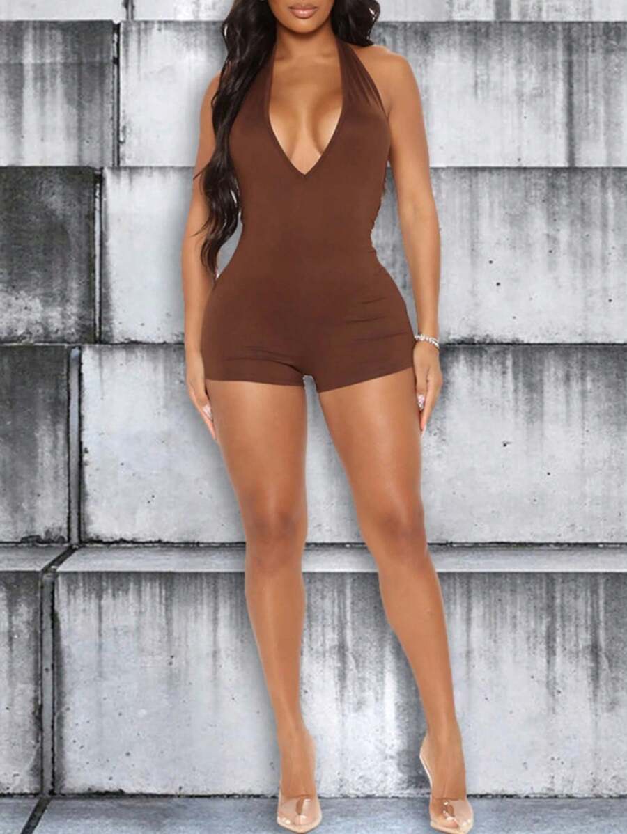 Women's Elegant Deep V-Neck Backless Simple Design Tight-Fitting Romper, Suitable For Work ...