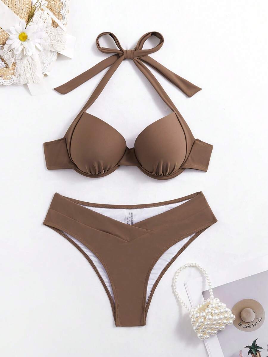 Shein Swim Conjunto De Biquíni Halter Neck Feminino Em Cor Sólida Para