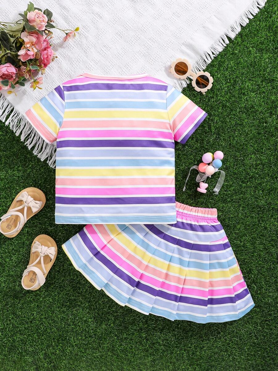 SHEIN 女の子用夏の新作 縞模様カラーブロック 半袖Tシャツとプリーツスカート | SHEIN JAPAN