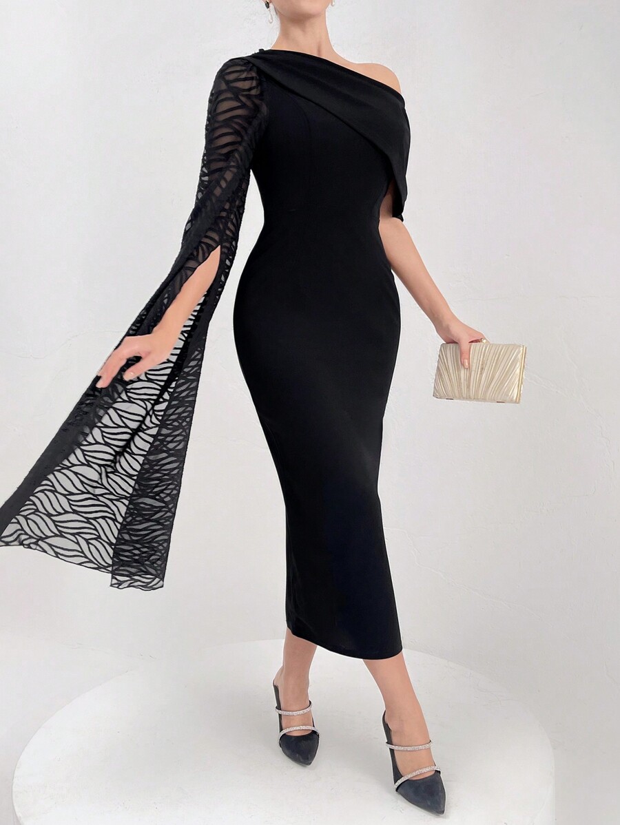 SHEIN Modely Vestido Maxi de Malha Sheer com Gola Assimétrica em Patchwork Para um Estilo Casual ...