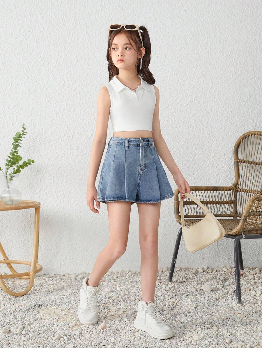 SHEIN Para niña preadolescente: Primavera/Verano Pantalones cortos holgados de mezclilla con ...