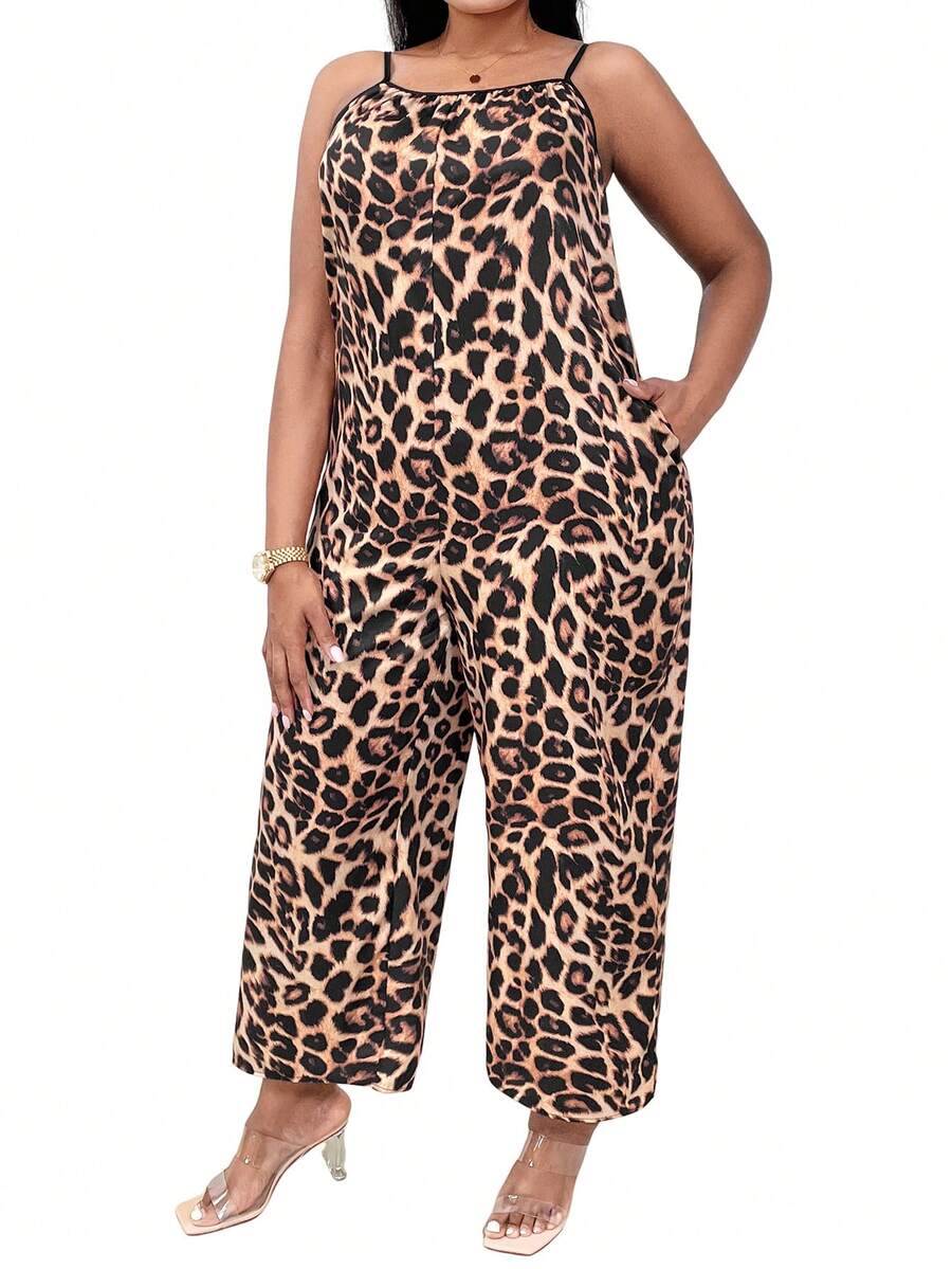 Shein Slayr Plus Size Leopard Print Cami Jumpsuit With Pocket And Side