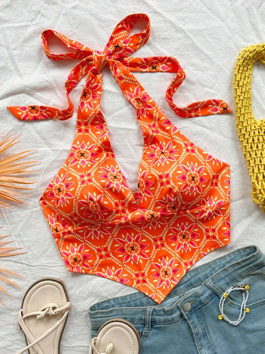 SHEIN WYWH เสื้อเอวรัด ด้านบน สีส้ม พิมพ์ลาย ตัดเป็นรูปคร่อมยาว กับชายไหล่เอียง และคอวีลึก ...