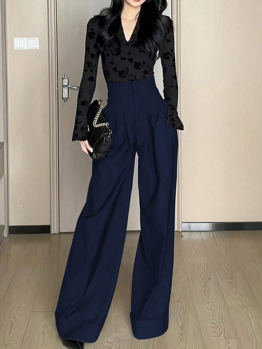 SHEIN Privé Pantalones anchos plisados de unicolor para mujer para uso diario | Moda de Mujer ...