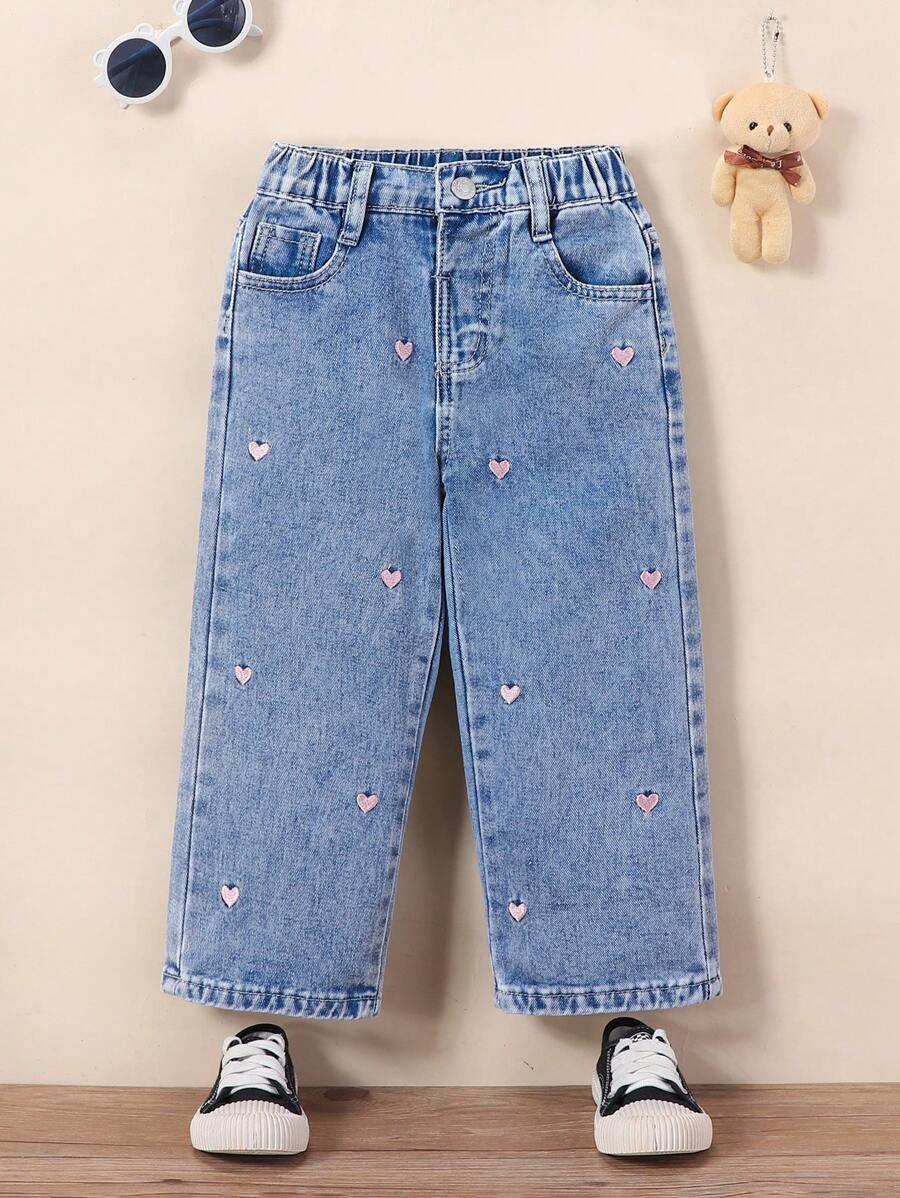 Jeans de pierna ancha bordados con encantador corazón rosa para niña joven, cómodo y suave, de ...