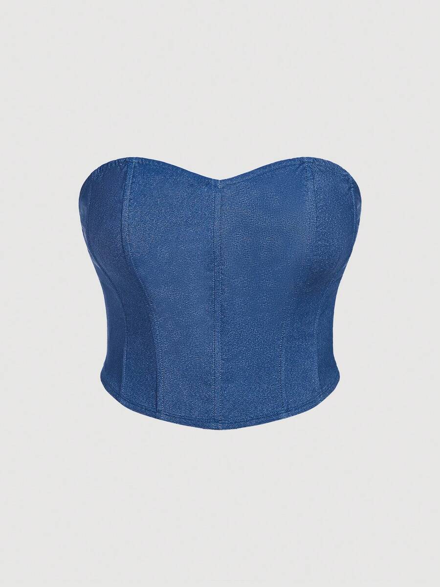 SHEIN MOD Plus Size Summer Blue Vintage Back-Tie Denim Corset Top With Arched Hem,Tube Top,Going ...