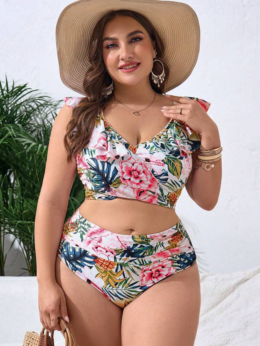 SHEIN Swim Vcay Plus Size Summer Beach Floral Printed Top & Bikini Bottom Simple Swimsuit Set ...