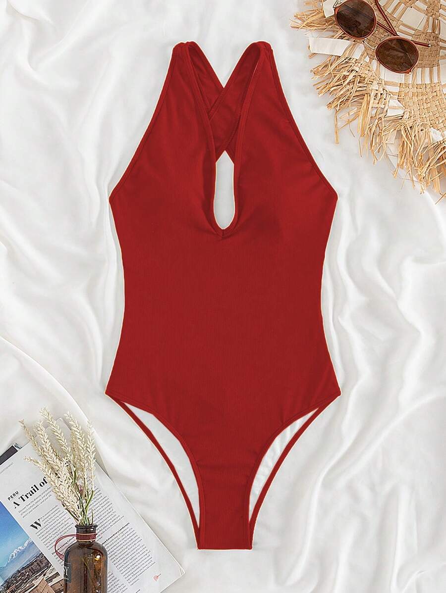 Shein Swim Solid Color Deep V Neck Backless One Piece Swimsuit Beach