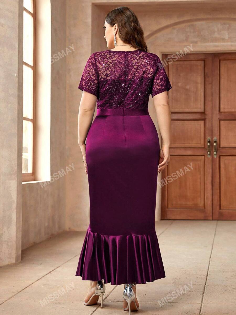Plus V Neck Sequin Insert Lace Satin Ruffle Tapicerka Mermaid Hem
