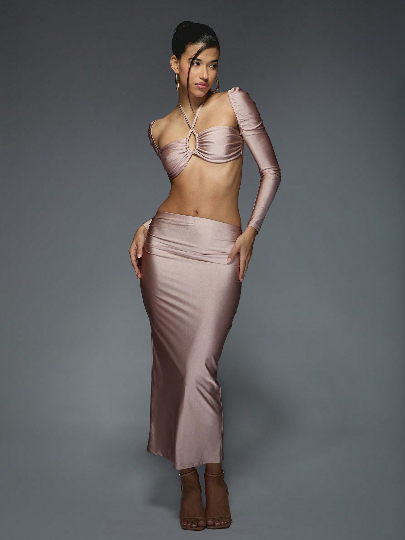Satin Ruched Bust Halter Neck Long Sleeves Cut-Out Top And Midaxi Skirt Two Piece Co Ord Set ...