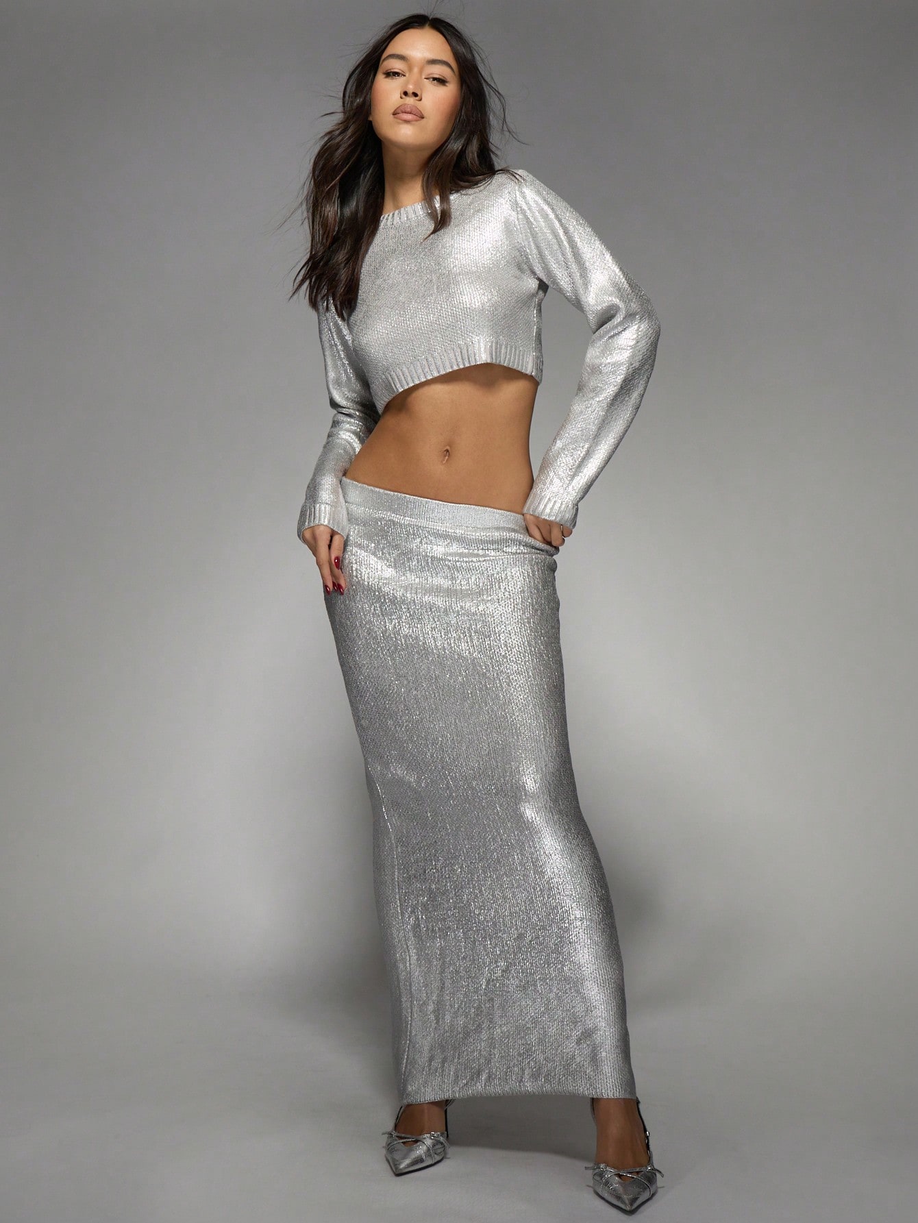 Foil Knit Round Neck Long Sleeves Top And Bodycon Midaxi Skirt Two Piece Co-Ord Set｜MISSGUIDED