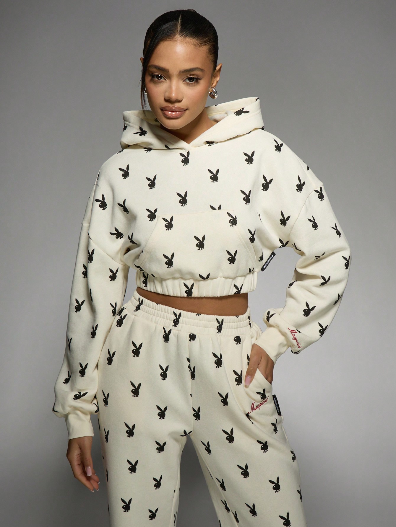 Missguided x Playboy Iconic Bunny Print Crop Hoodie Loungewear Set Streetwear Classic Logo ...
