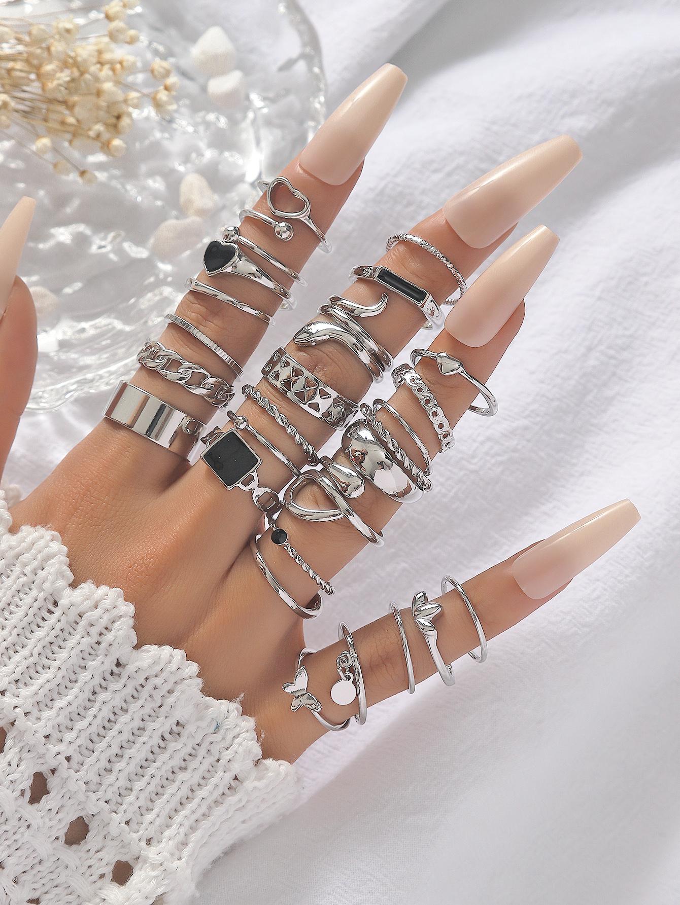 27 piezas/set Anillo de moda aleación de zinc con corazón & con diseño de mariposa para mujeres ...