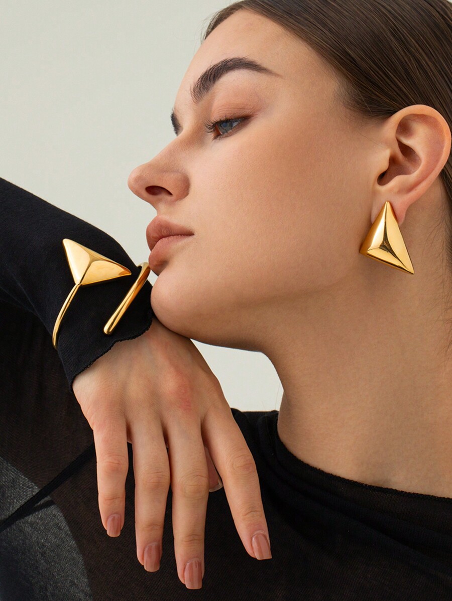 1pc Titanium Steel Design Silver Stainless Steel Textured Triangle Stud Earring For Parties And ...