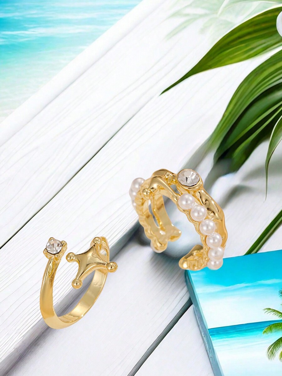 1pair 2024 Spring Recommended Luxury Pearl And Rhinestone Combination Ring Set For Women ...