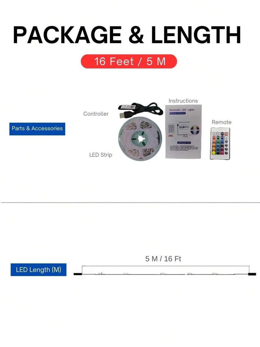 1pc Smart RGB LED Strip Lights, 3.3FT/10FT/50FT (1m/3m/15m) USB 5V Powered 2-Mode Control, 24 ...